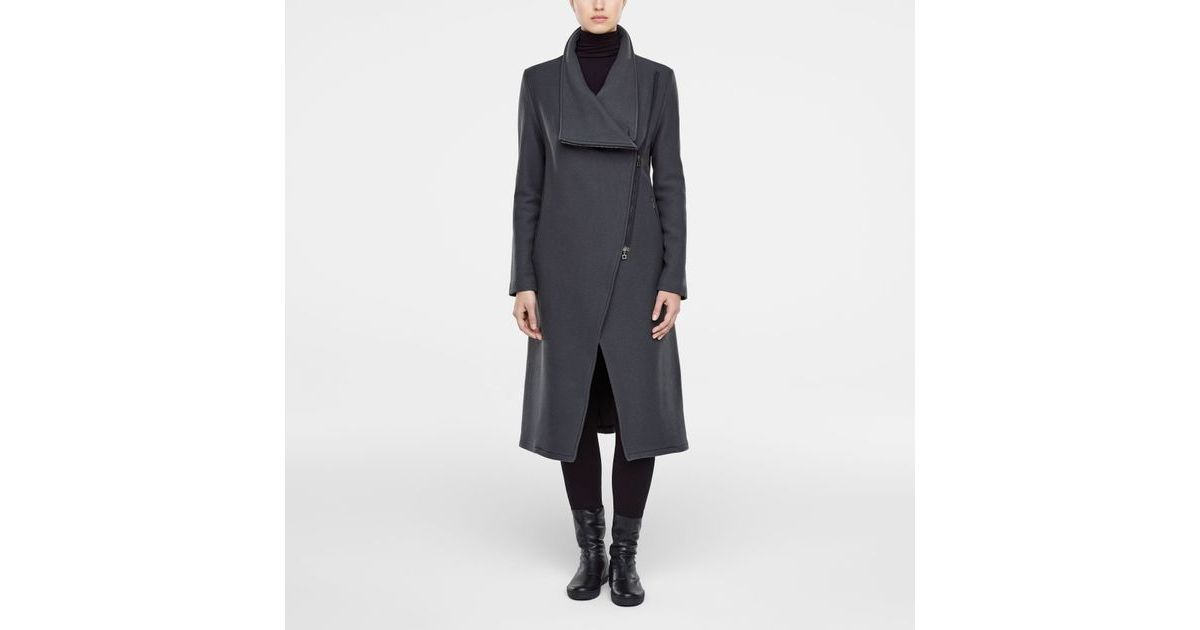 Grey wool maxi coat with side zipper by Sarah Pacini